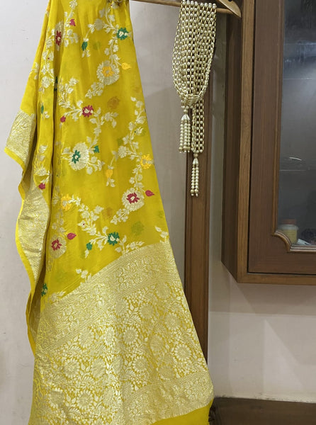 Yellow Color Pure Banarasi Handloom Khaddi Georgette Meenakari Design ...
